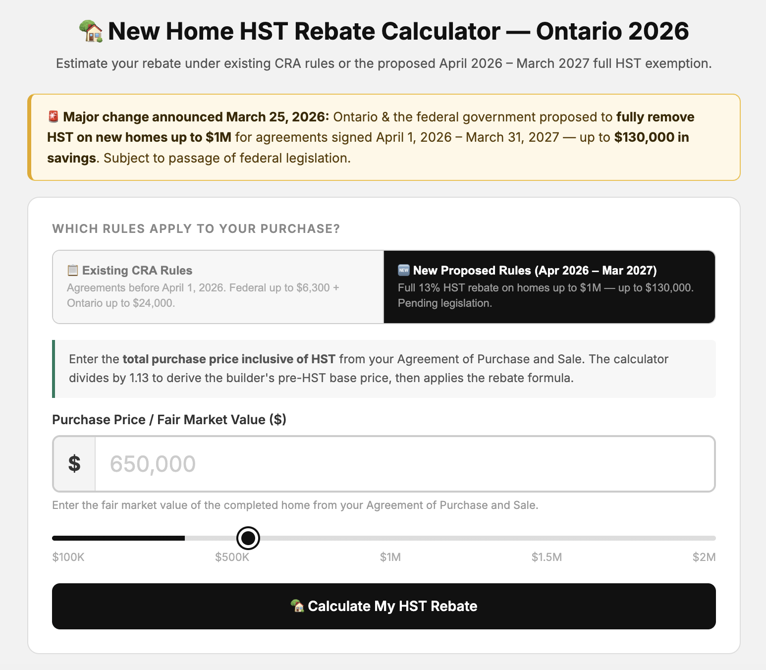 New Home HST Rebate Calculator
